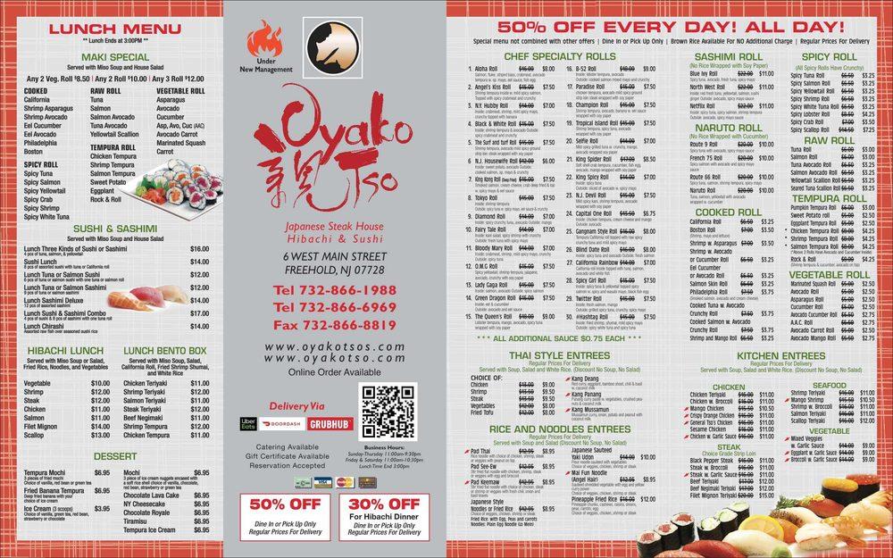 Carta de Oyako Tso's Sushi and Hibachi Steakhouse, Freehold, 6 W Main St