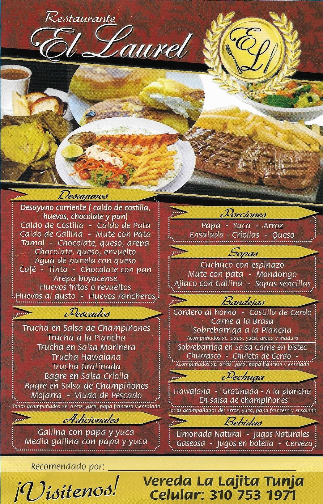 Menu at Restaurante El Laurel, Tunja, Restaurante el laurel