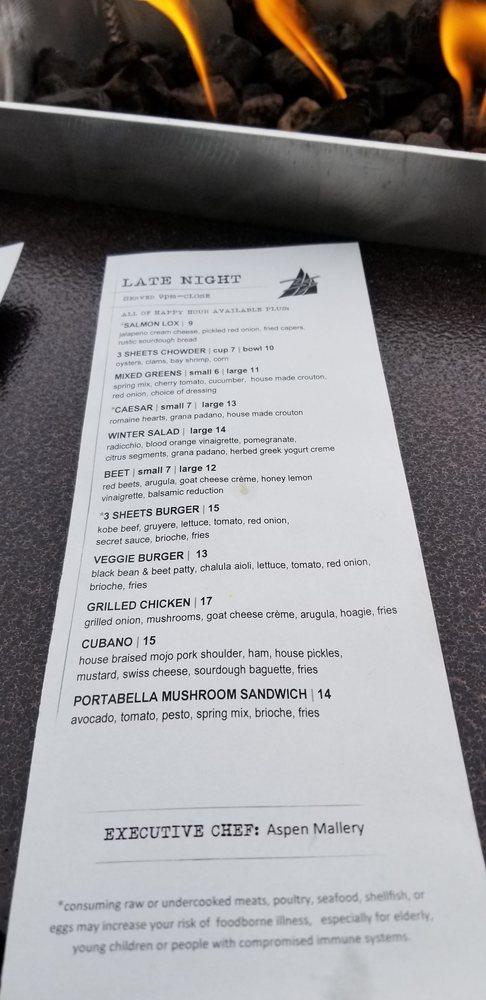 Menu at 3 Sheets at the Harbor pub & bar, Portland