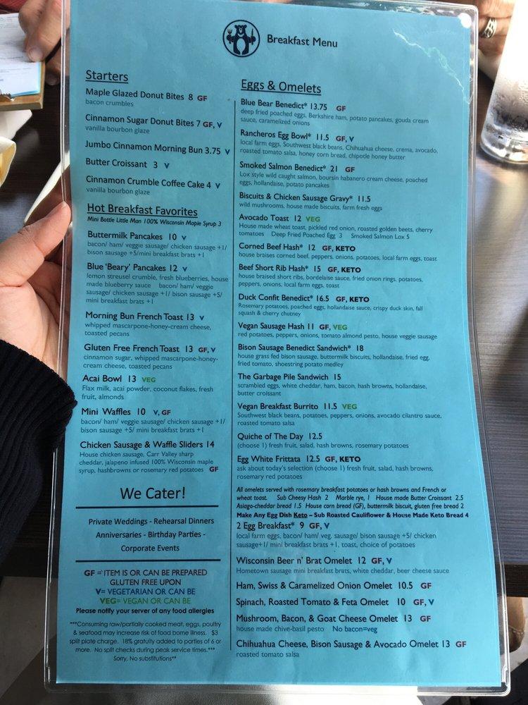 Menu at Blue Bear restaurant, Racine