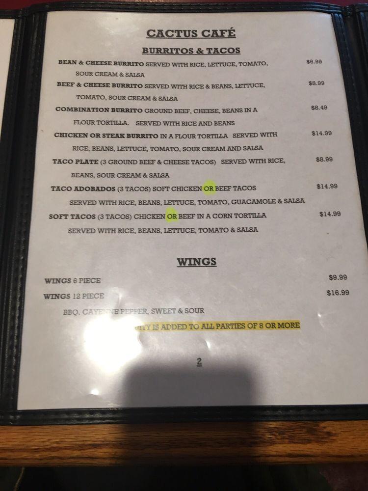 Menu at Cactus Cafe, Whites City, 26 Carlsbad Cavern Hwy
