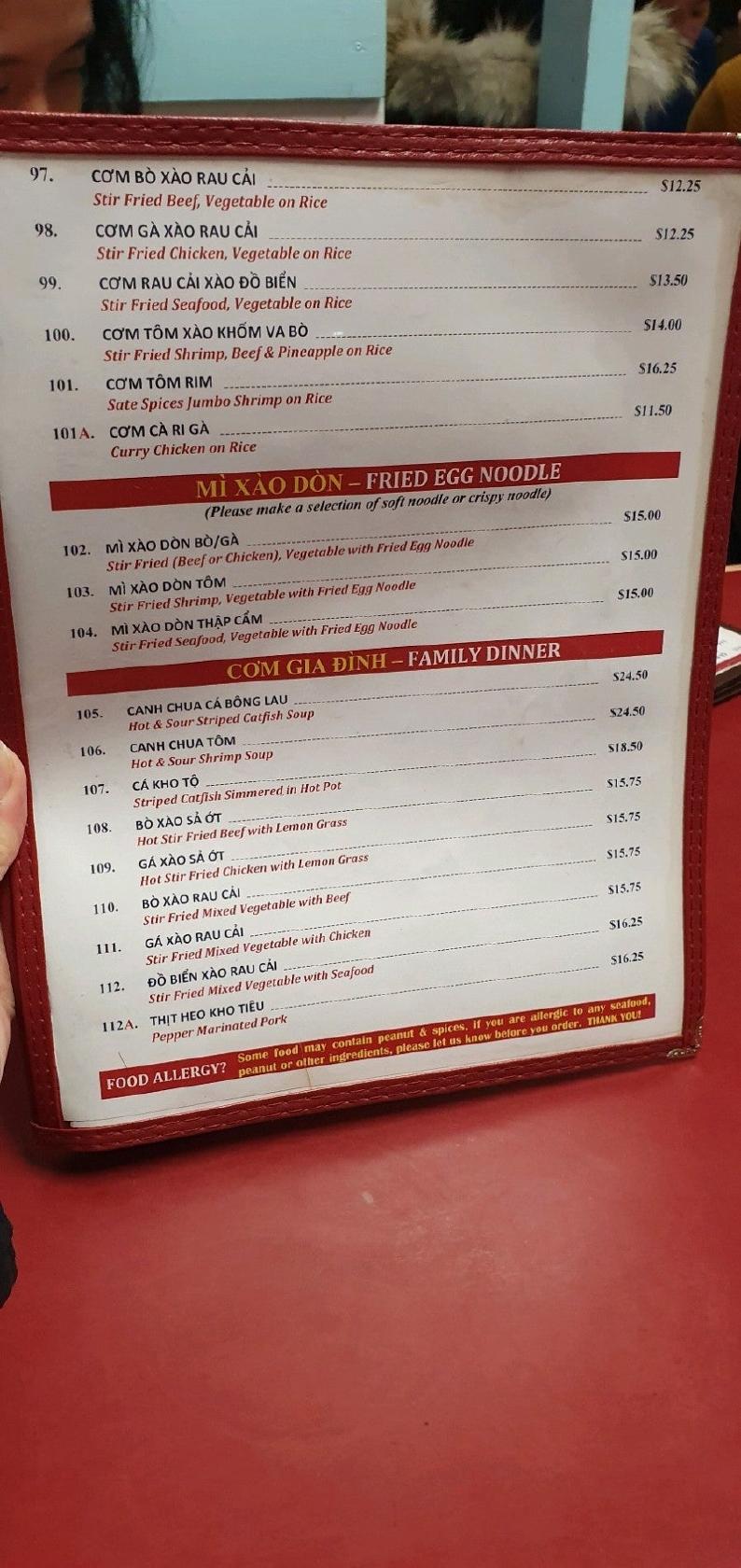 Menu at Pho Tien Thanh restaurant, Toronto