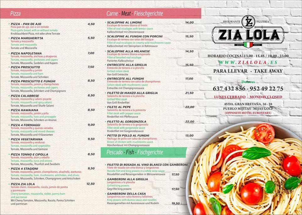 Carta del restaurante Ristorante Zia Lola, Fuengirola