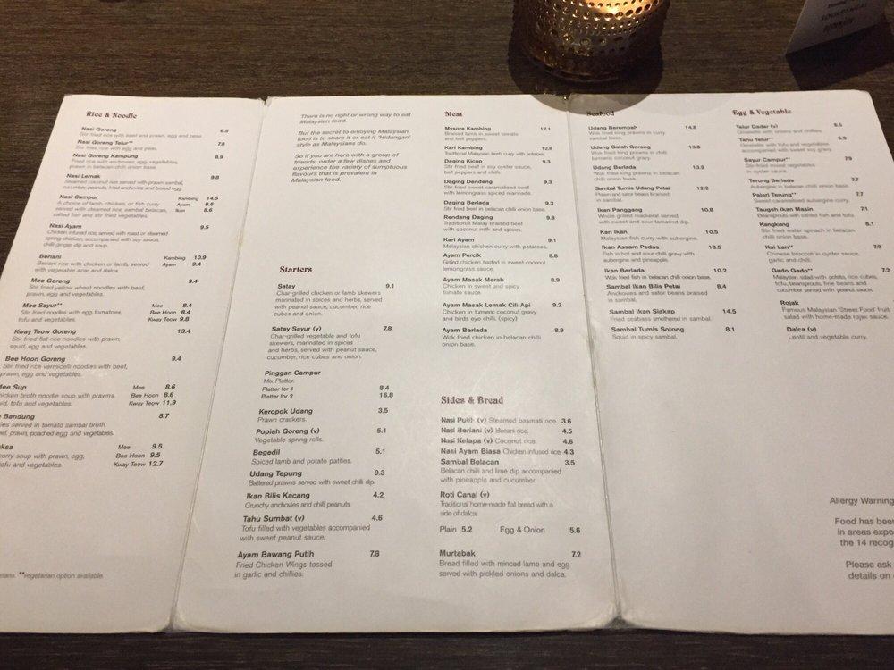 Menu at Satay House Malaysian Restaurant, London