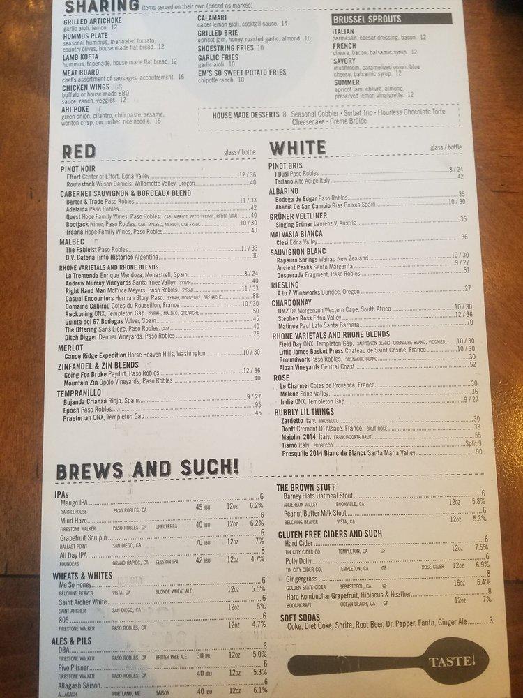 Menu at TASTE! craft eatery pub & bar, Paso Robles