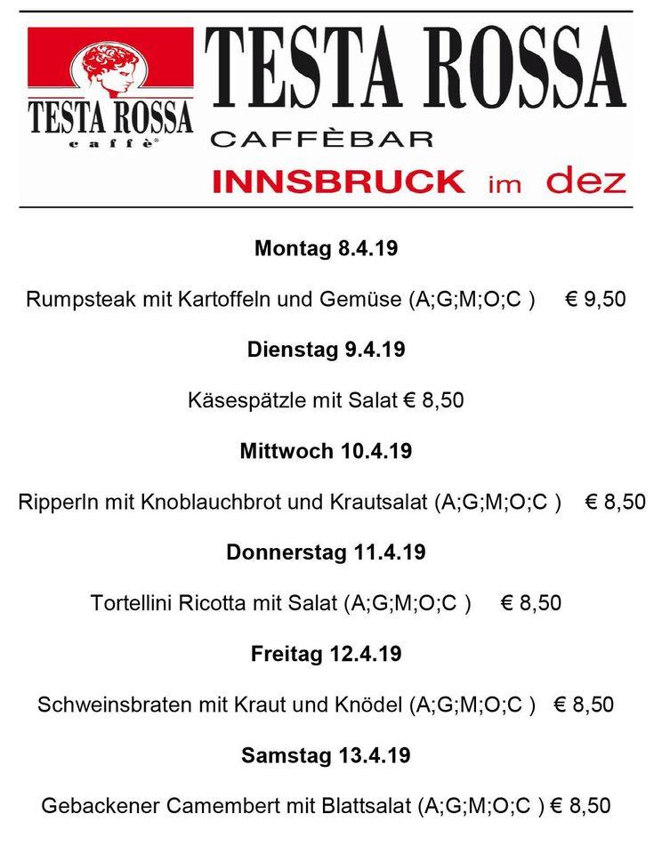Speisekarte von Testarossa Caffèbar im DEZ, Innsbruck, Amraser-See ...