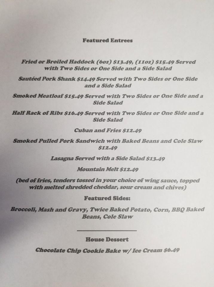 Menu at Trailside Restaurant & Bar, Brantingham, Partridgeville Rd