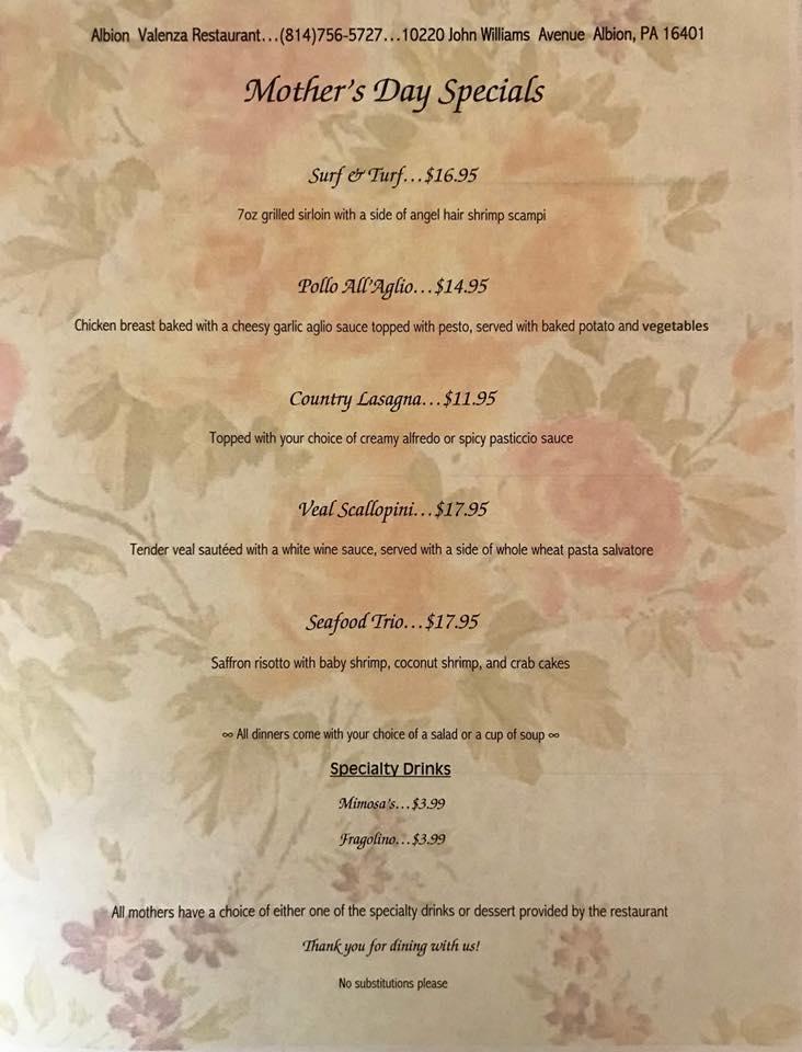 Menu at Valenza Restaurant, Albion