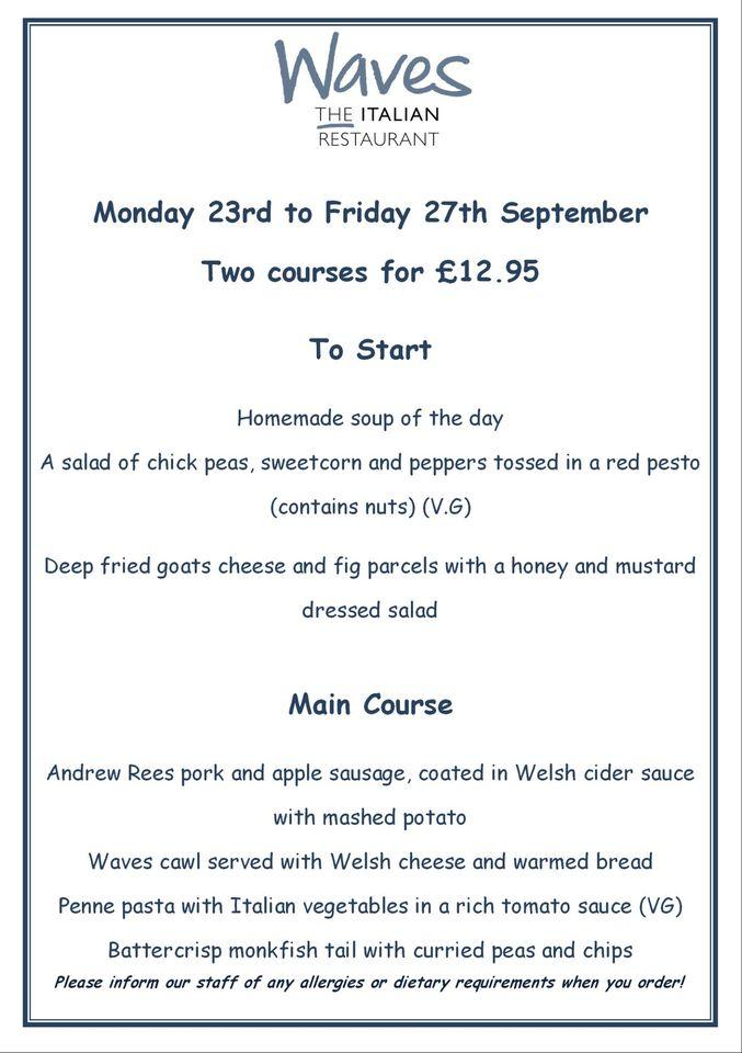 Menu at Waves Cliff-top Bar & Restaurant, Lydstep