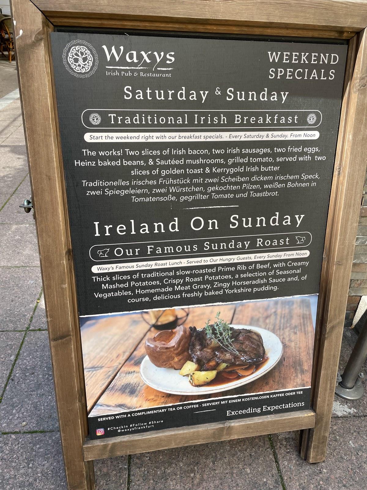Menu at Waxy's Irish Pub & Restaurant, Frankfurt