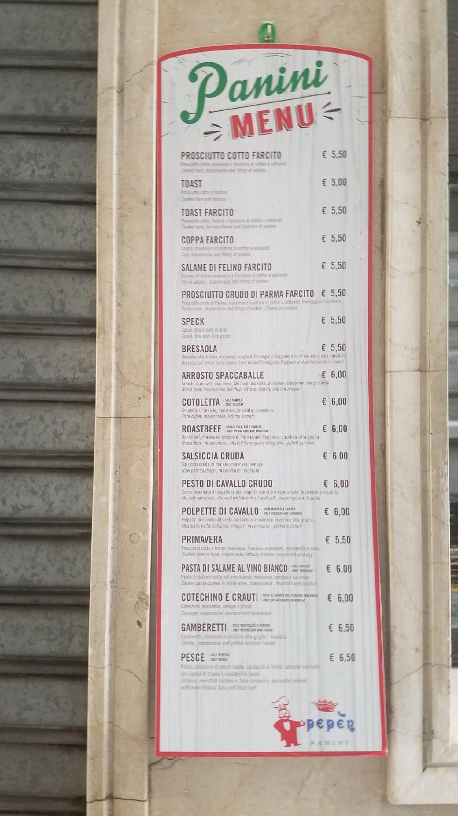 Menu at Da Pepèn fast food, Parma