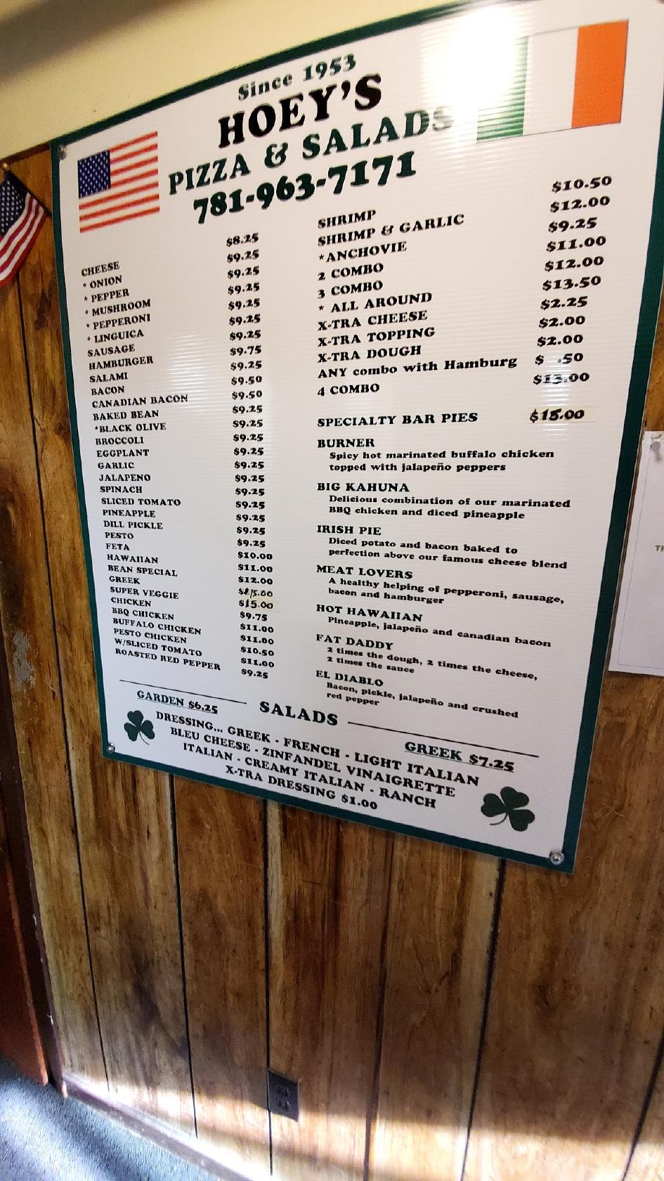 Menu at Hoey's Pizza pizzeria, Randolph