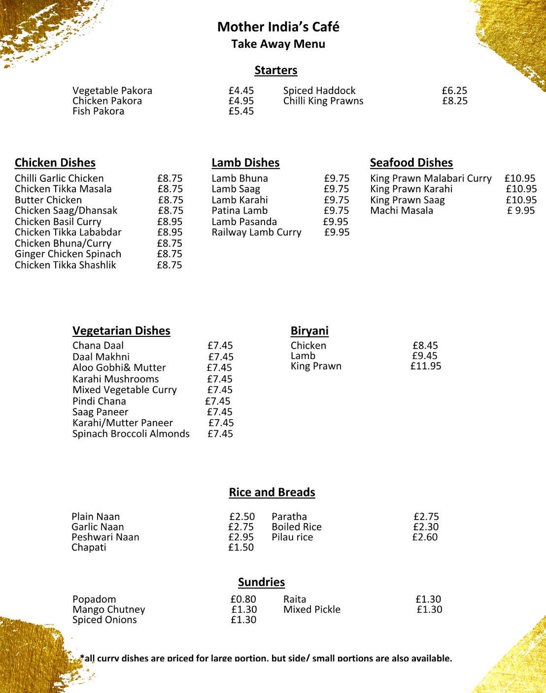Menu at Mother India's Cafe, Edinburgh