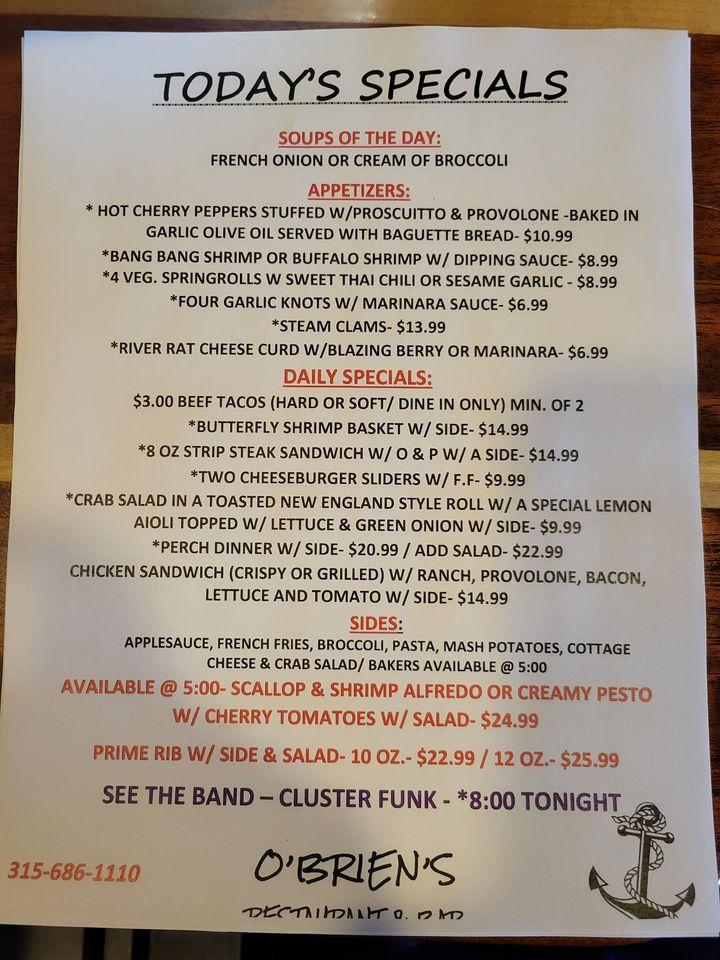 Menu at O'Briens Restaurant & Bar, Clayton