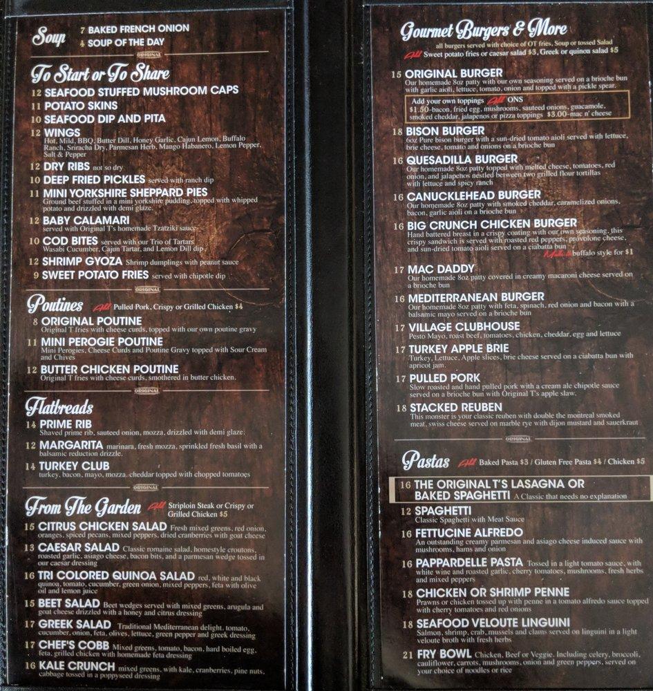 Menu at Original T's pizzeria, Sundre, 401 Main Ave W