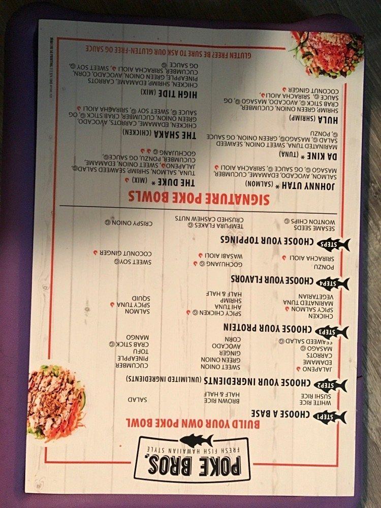 Menu at Poke Bros. restaurant, Washington Township