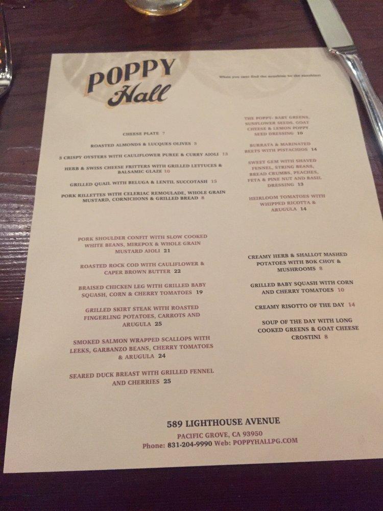 Menu at Poppy Hall restaurant, Pacific Grove