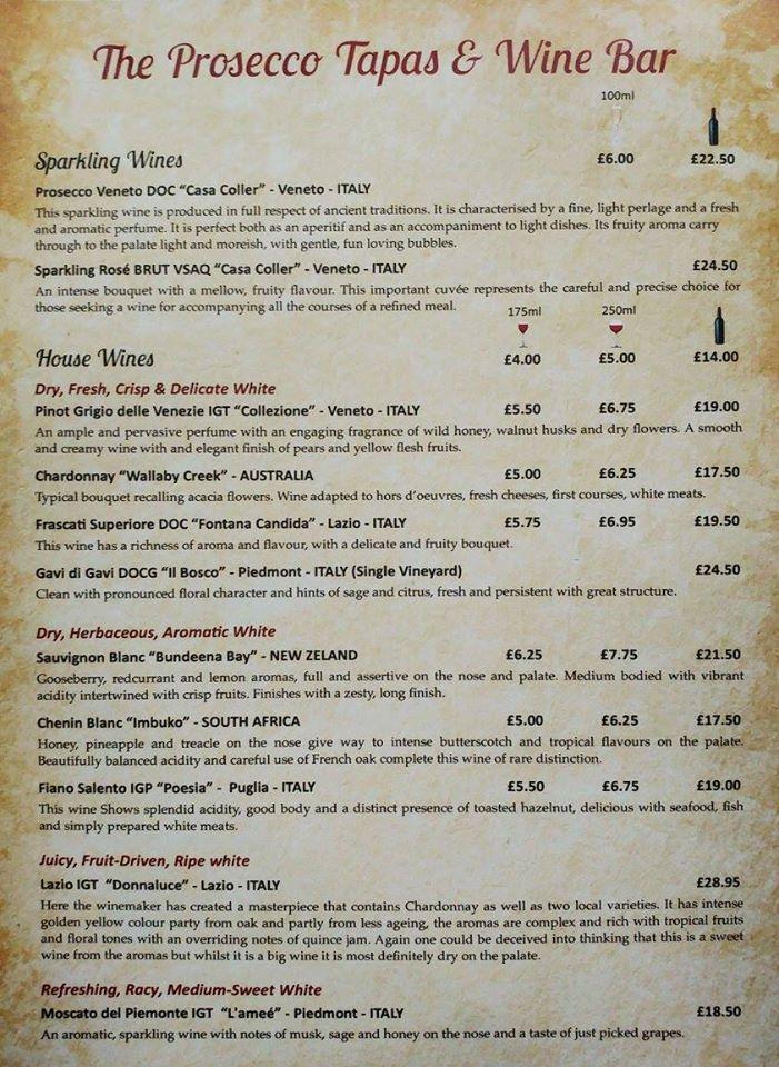 Menu at Prosecco Wine Bar, Gravesend