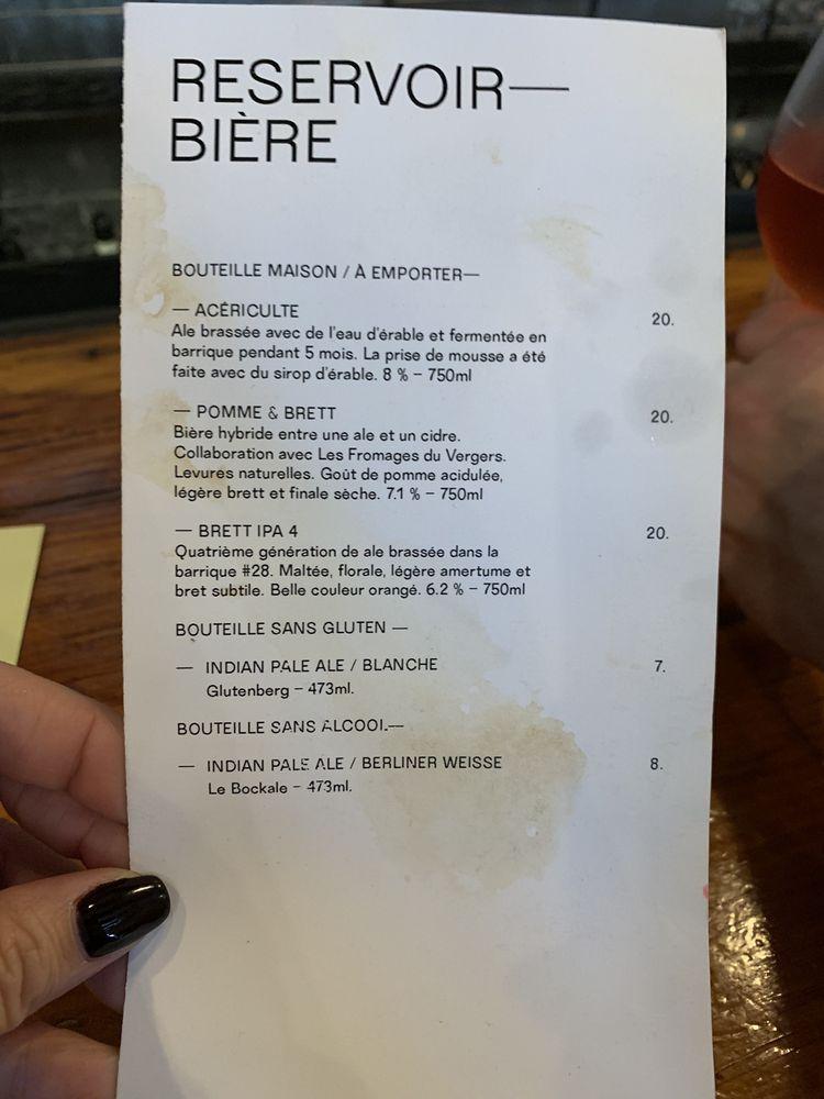 Menu at Reservoir pub & bar, Montréal