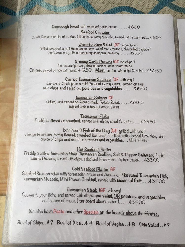 Menu at Sealife Restaurant&Café, Bicheno