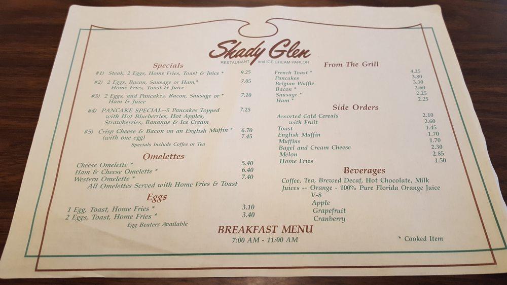 Menu at Shady Glen Restaurant and Ice Cream Parlor, Manchester, 840 ...