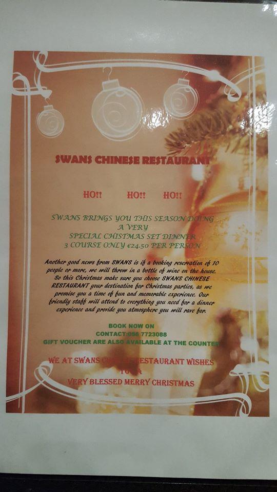 Menu at Swans Chinese Restaurant, Kilkenny