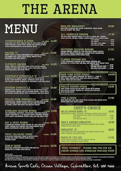 Menu at THE ARENA SPORTS CAFE, Gibraltar