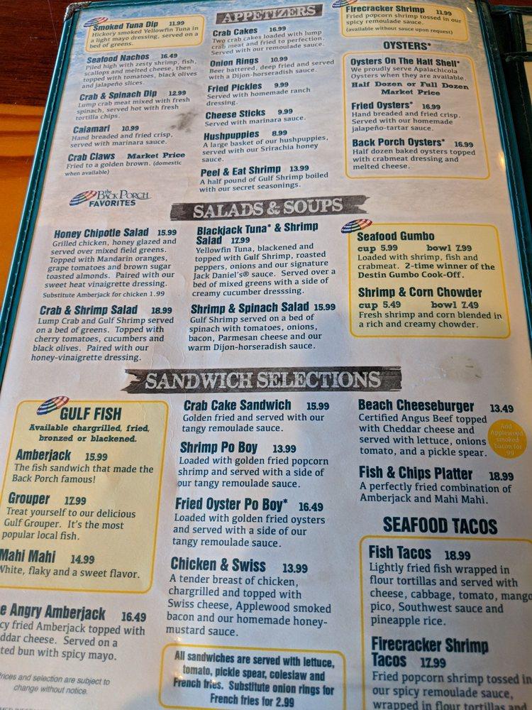 Menu at The Back Porch Seafood & Oyster House restaurant, Panama City ...