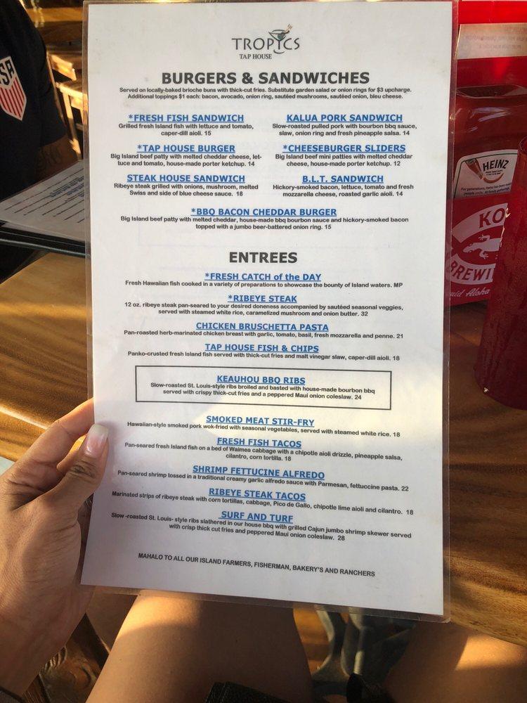 Menu at Tropics Taphouse Kona pub & bar, Kailua-Kona