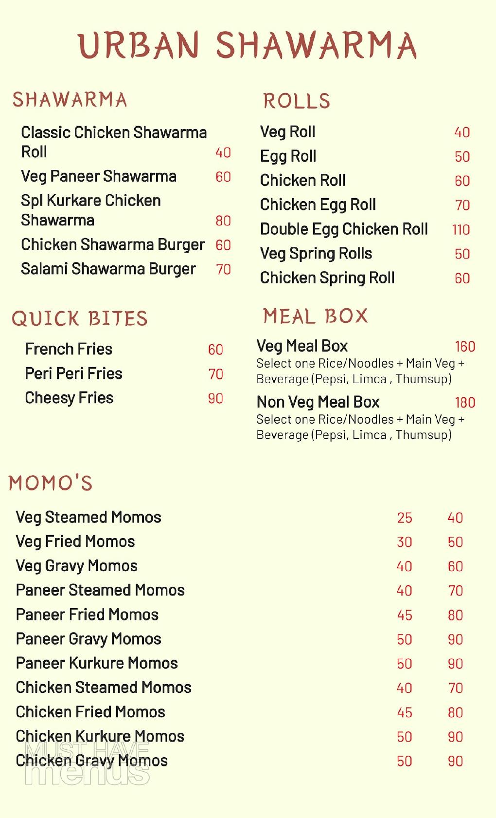 Menu at Urban Shawarma, New Delhi
