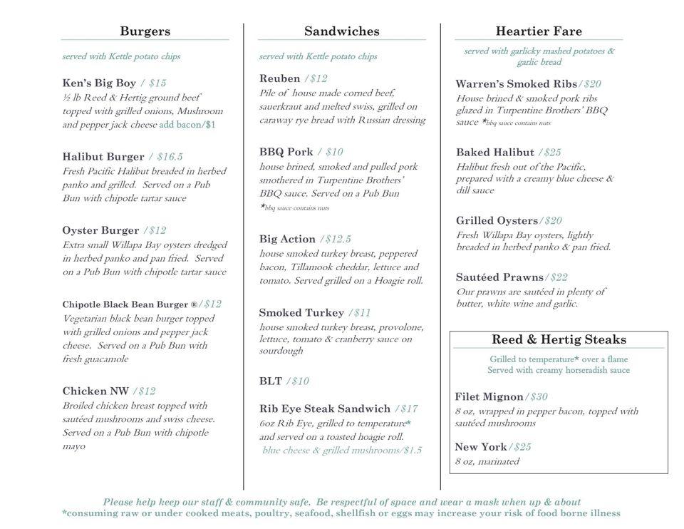 Menu at Warren House Pub, Cannon Beach