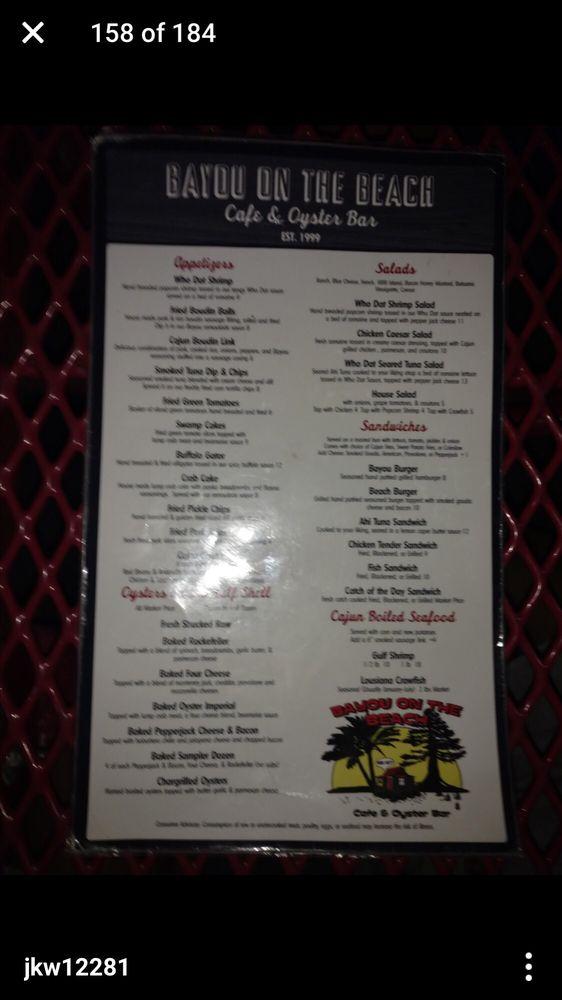 Menu at Bayou on the Beach restaurant, Panama City Beach, Hutchison Blvd