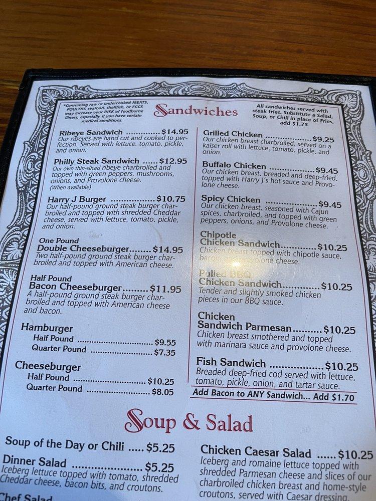 Menu at Harry J's Steakhouse, Moscow Mills