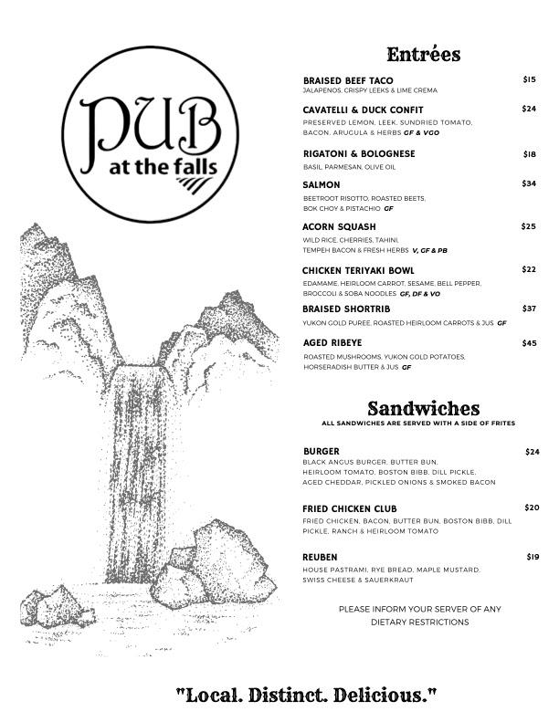 Menu at Inn at the Falls restaurant, Bracebridge