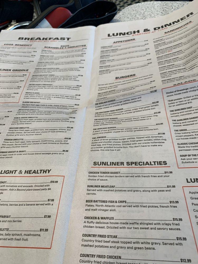 Menu at Sunliner Diner restaurant, Pigeon Forge