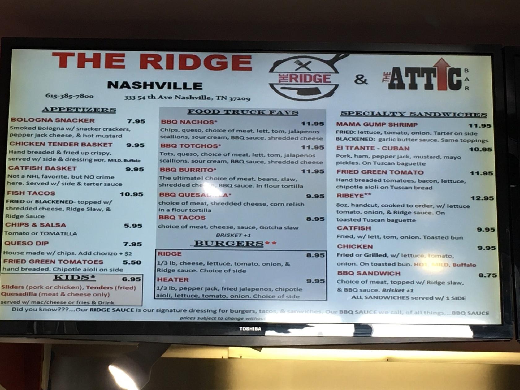 Menu at The Ridge BBQ, Nashville