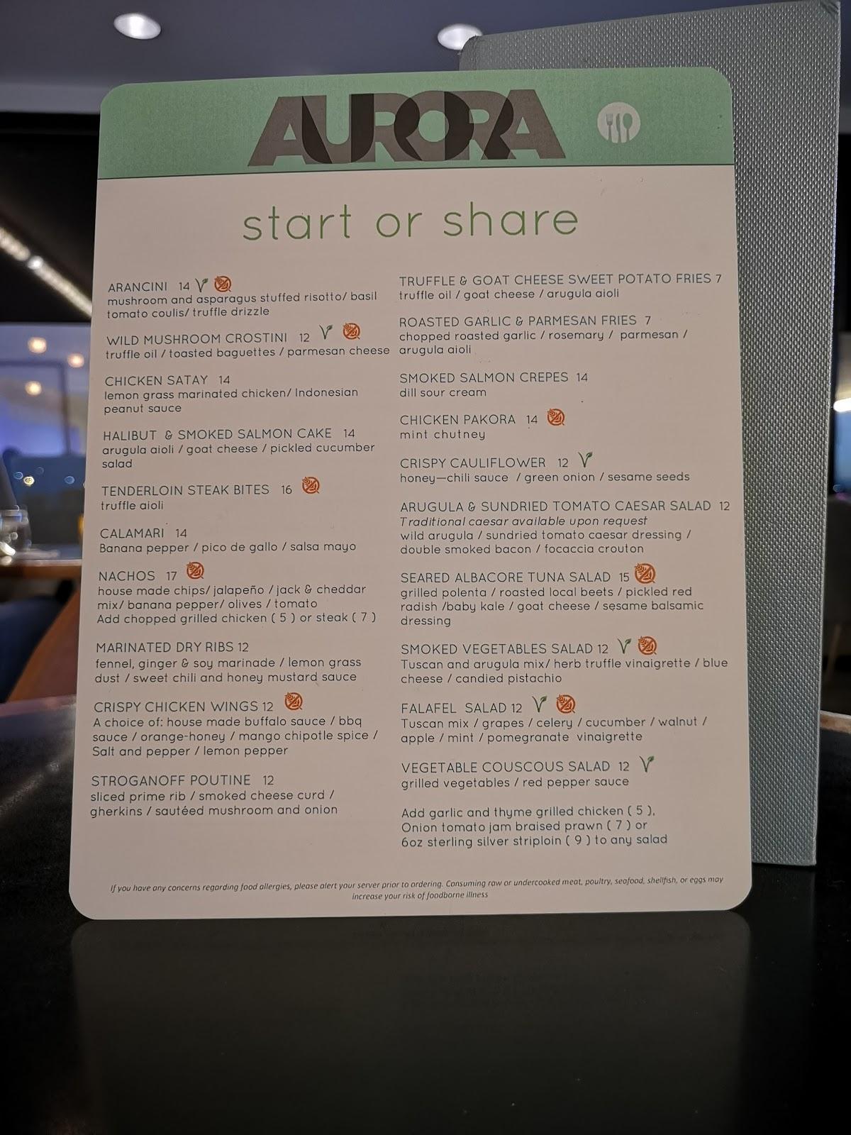 Menu at Aurora Lounge restaurant, Edmonton
