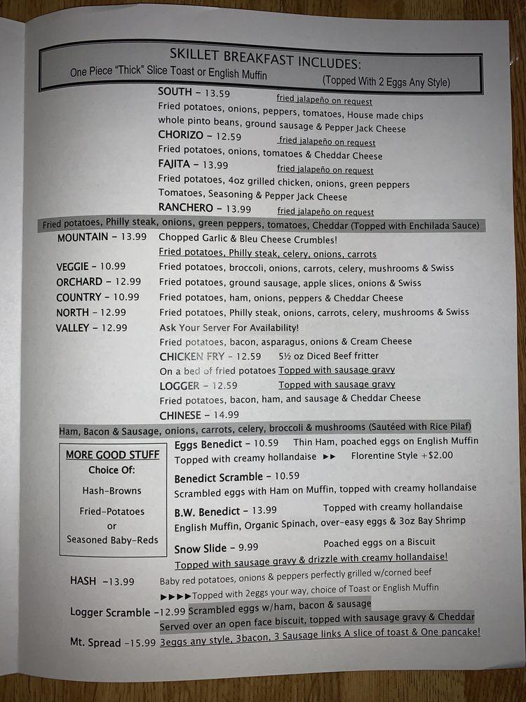 Menu at Backwoods Cafe, Yakima