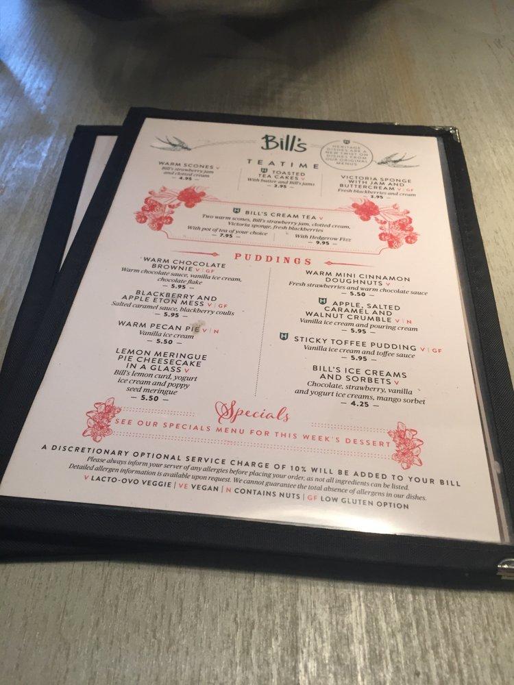 Menu at Bill's Leeds Restaurant, Leeds