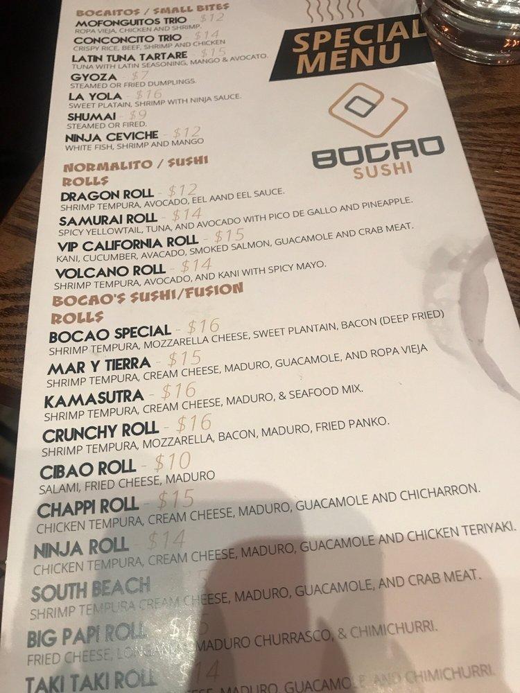 Menu at Bocao Sushi restaurant, Charlotte