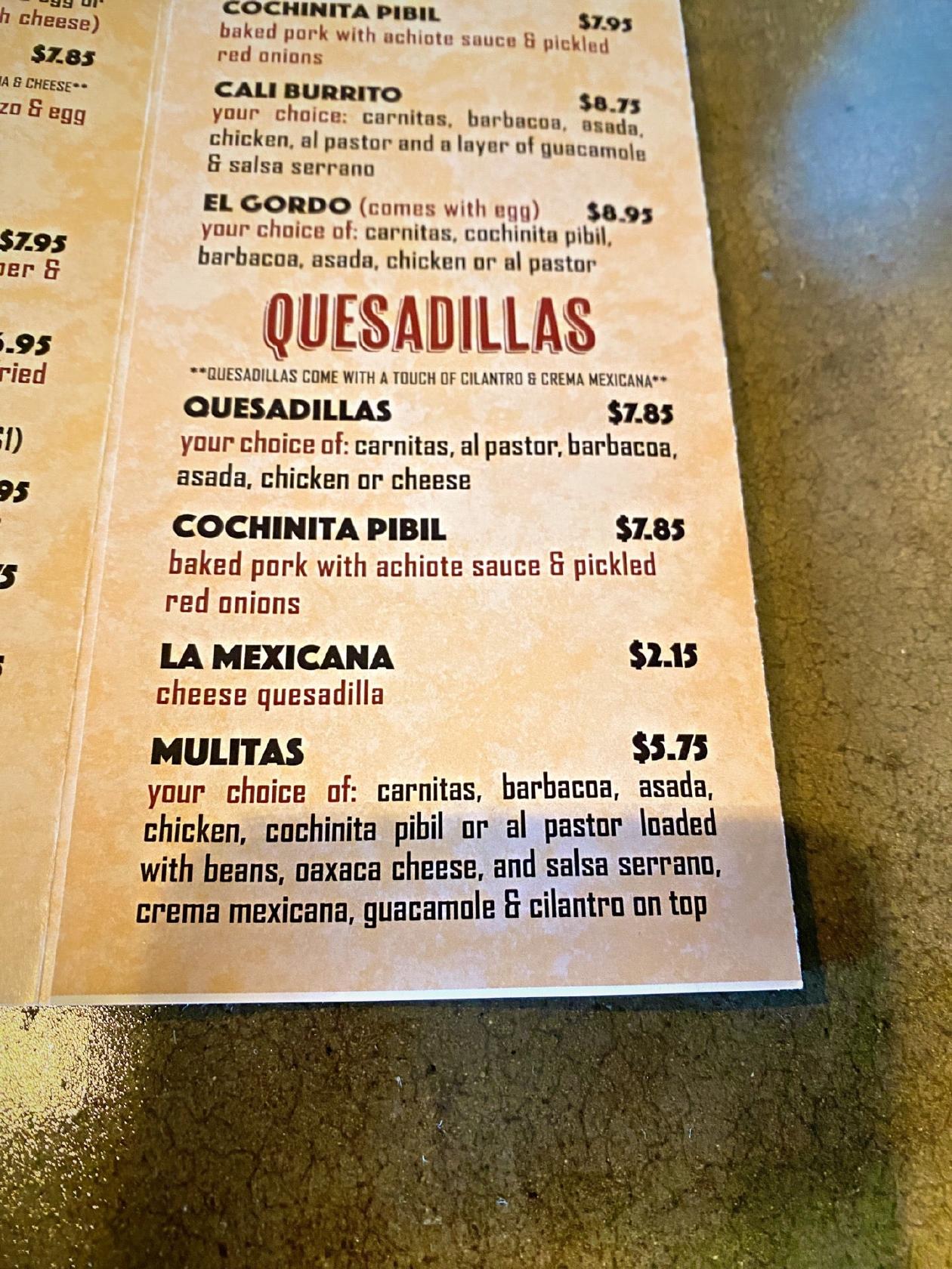 Menu at Del Sur Tacos restaurant, Dallas, 720 E Jefferson Blvd