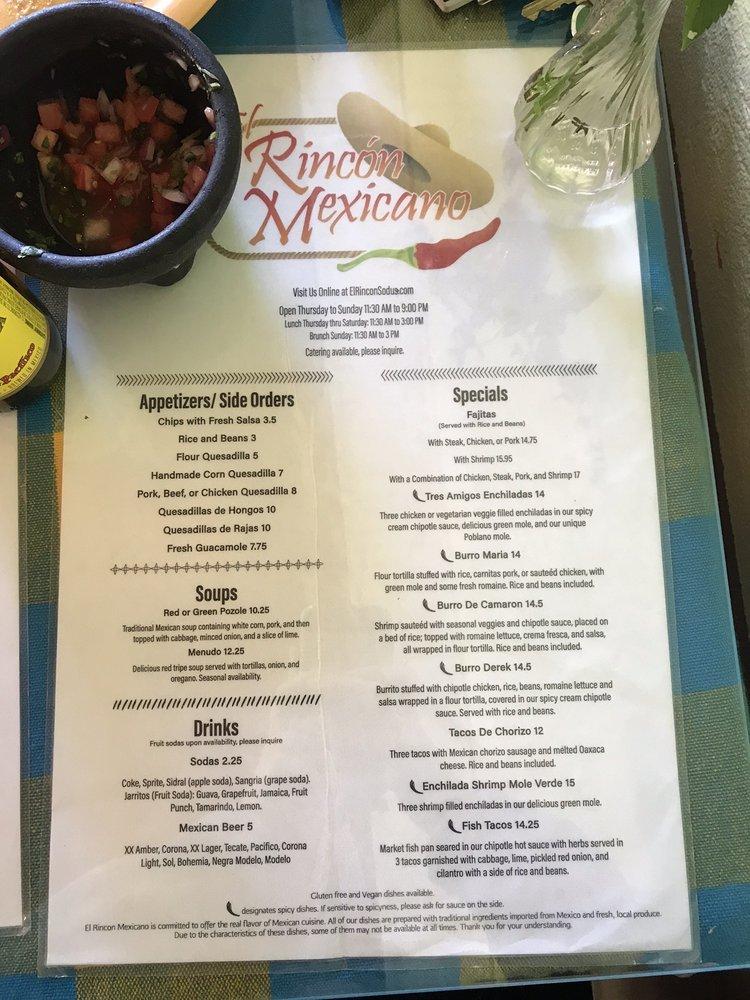 Menu at El Rincon Mexicano restaurant, Sodus