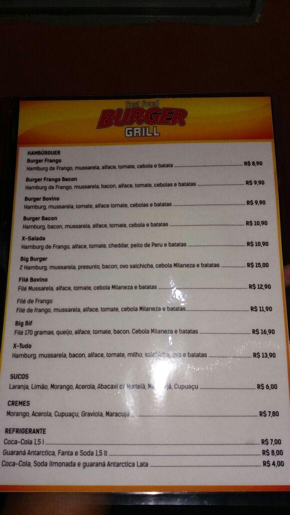 Menu at Fast Food Burger Grill, Brazil