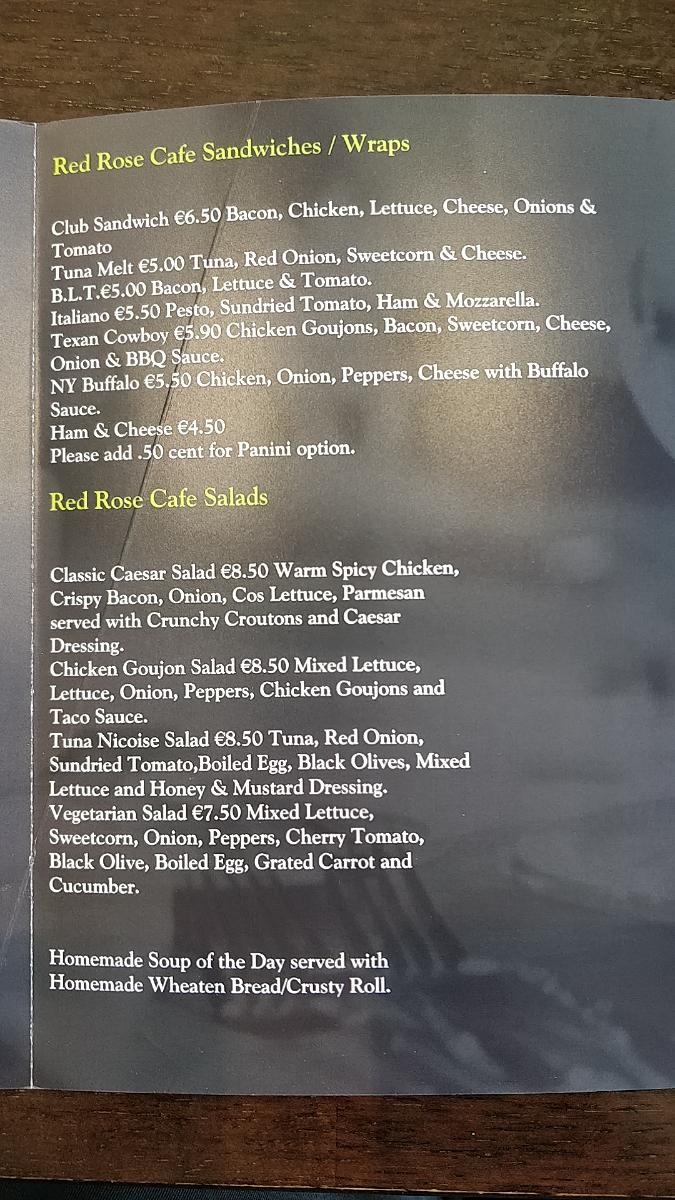 Menu at Red Rose Café cafe, Dundalk