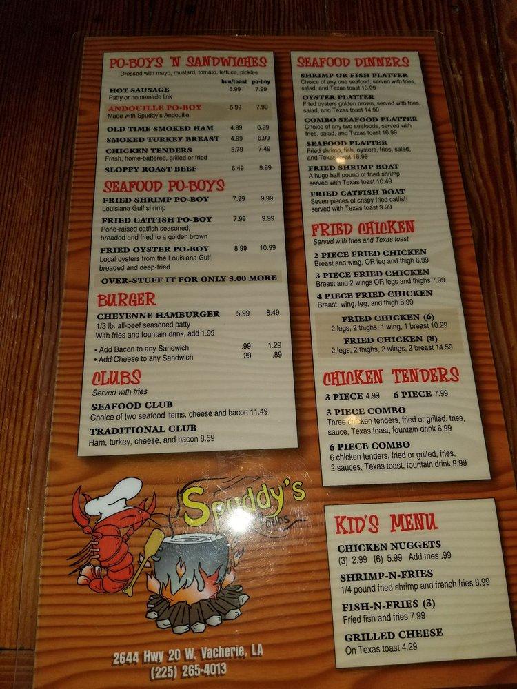 Menu at Spuddy's Cajun Foods restaurant, Vacherie