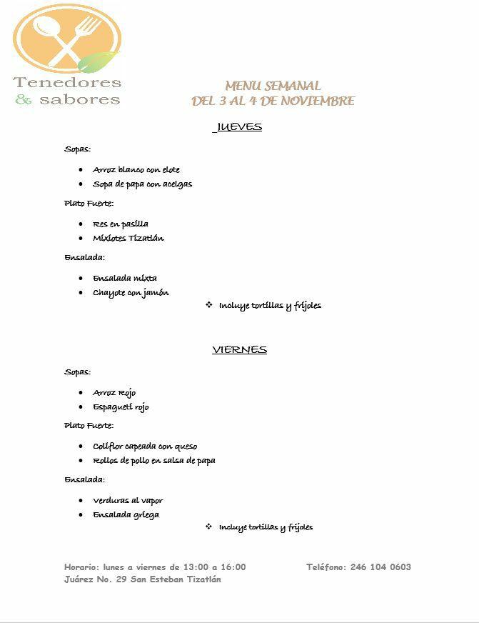 Menu at Tenedores & Sabores restaurant, Tlaxcala