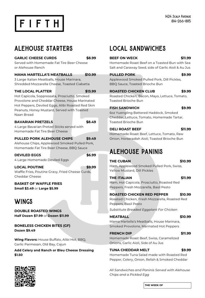 Menu at The Fifth Local Eatery & Alehouse pub & bar, Johnstown