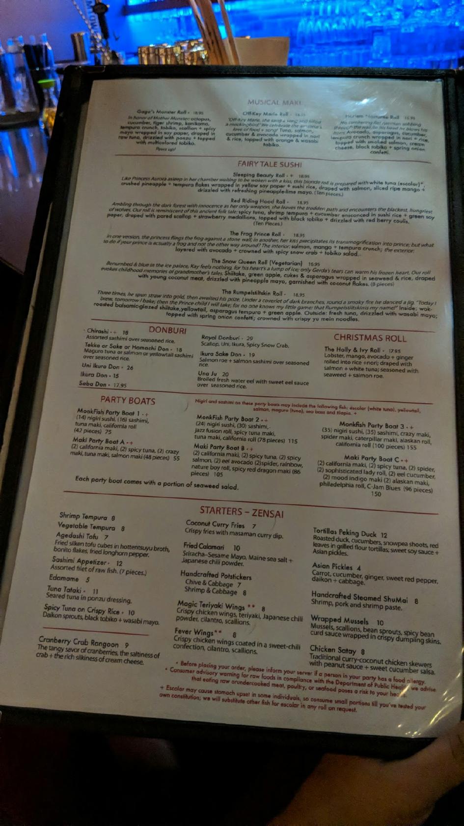 Menu at The Mad Monkfish restaurant, Cambridge