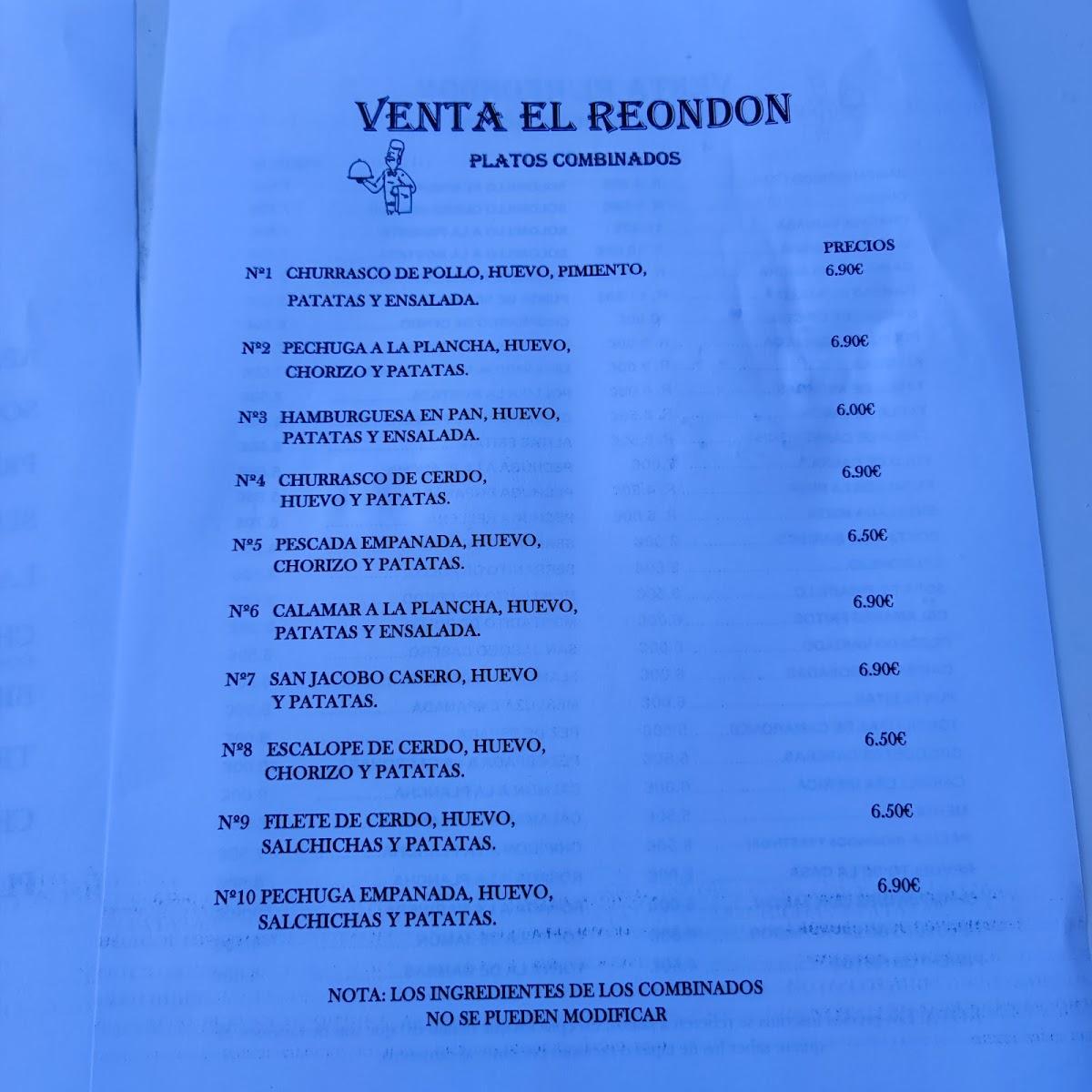 Menu at Venta Reondon restaurant, Spain