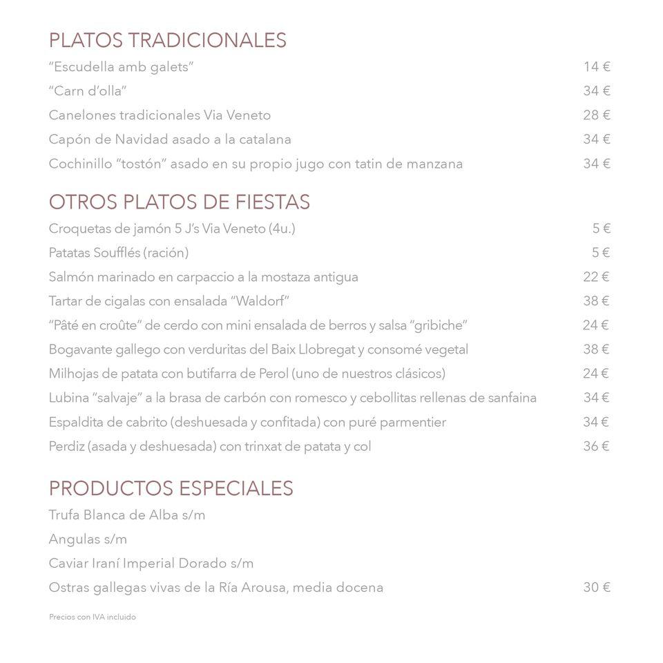Carta del restaurante Via Veneto, Barcelona